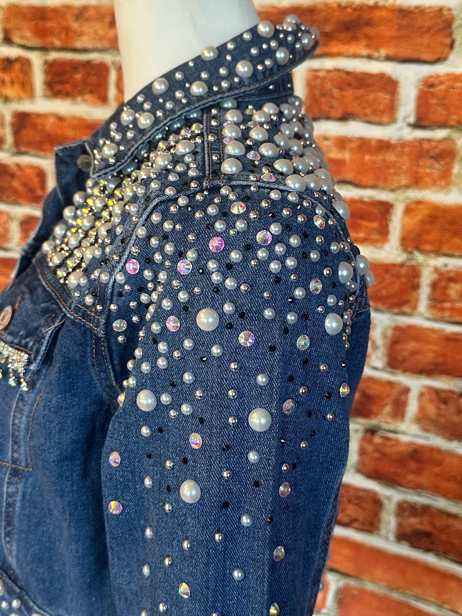 Rhinestone and Pearls Bedazzled Jean Jacket Cropped Jacket Size Small ...