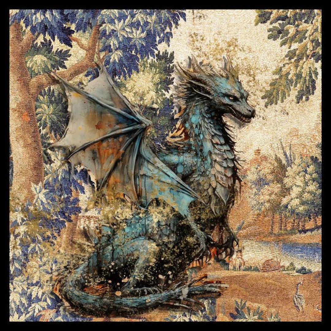 78c. Renaissance Dragon Fabric Swatch: Grungy Mystical Beast, Organic ...