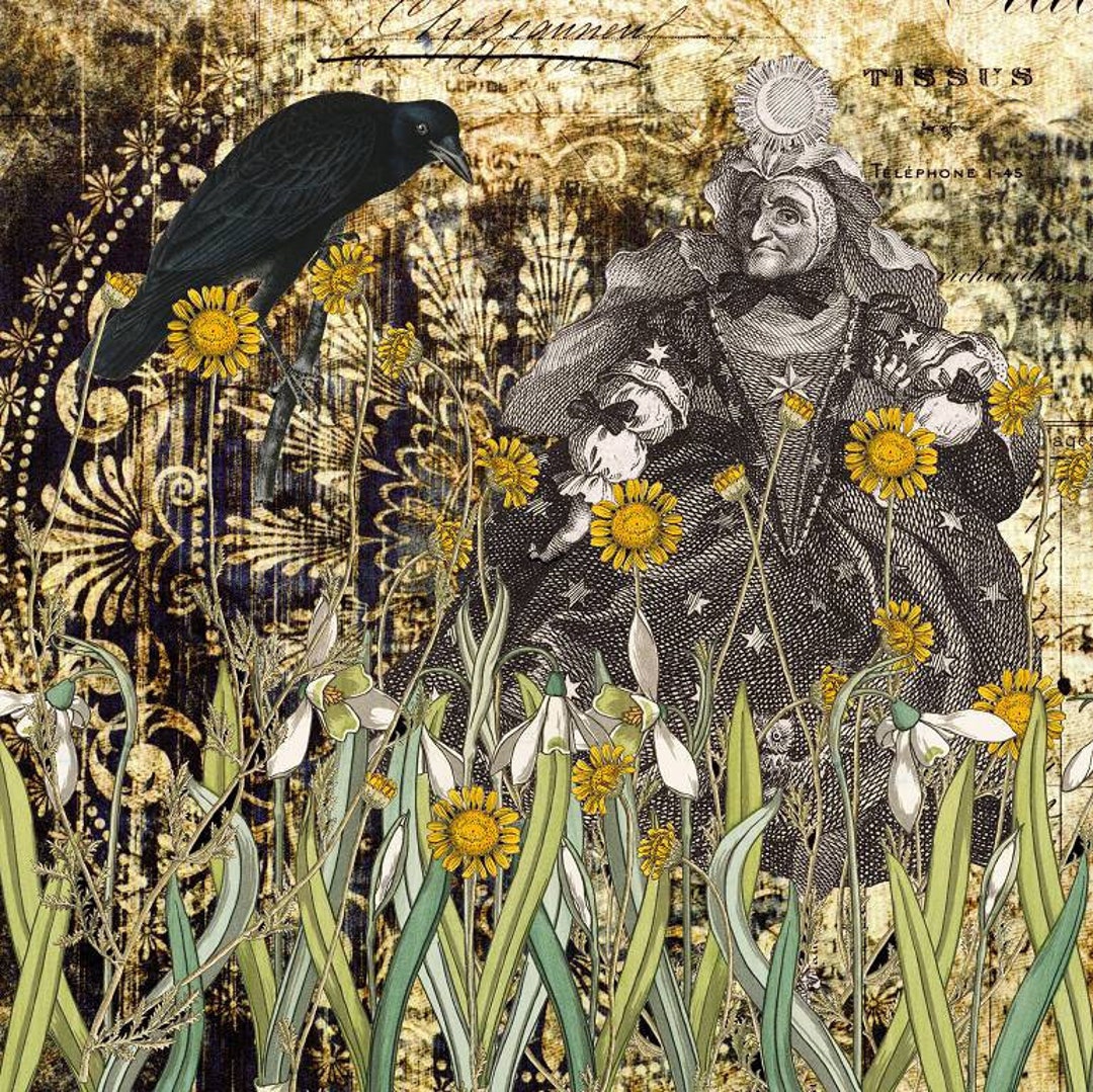 194. Halloween Crone and Crow 17 X 20 Inch COTTON Fabric Swatch Crazy ...