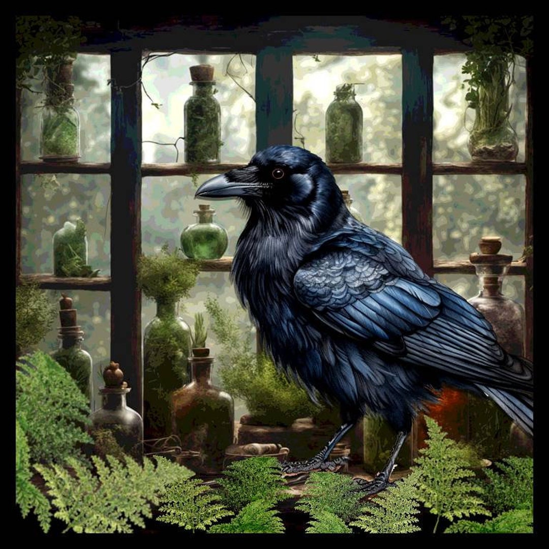 411z. Crow and Herbs Velvet Fabric: Herbarium Series, Botanical Bottles ...