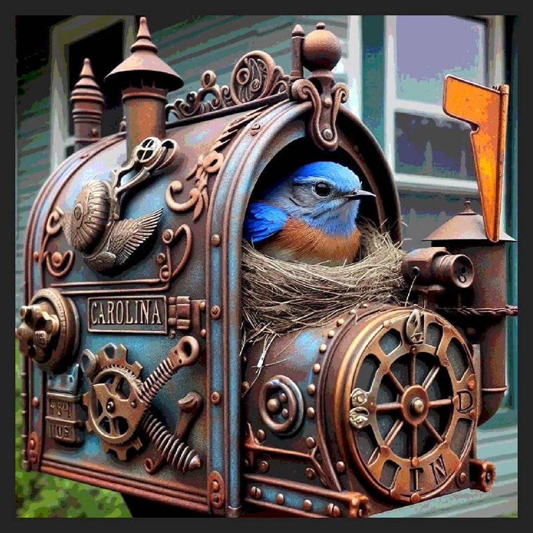AII1682. Carolina Blue Bird Nesting in Mail Box Steampunk Organic ...