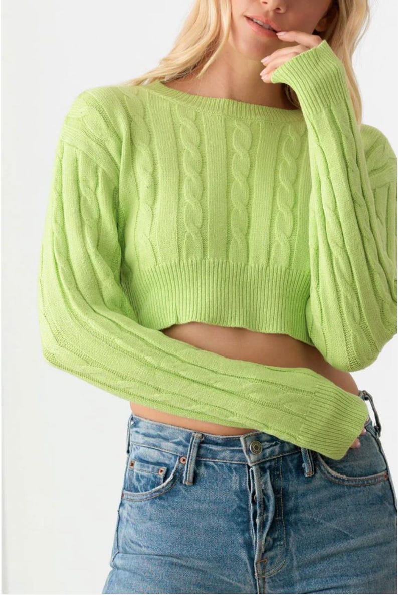 Warm and Cozy Cable Knit Crop Sweater Top - Long Sleeve, Stylish and ...