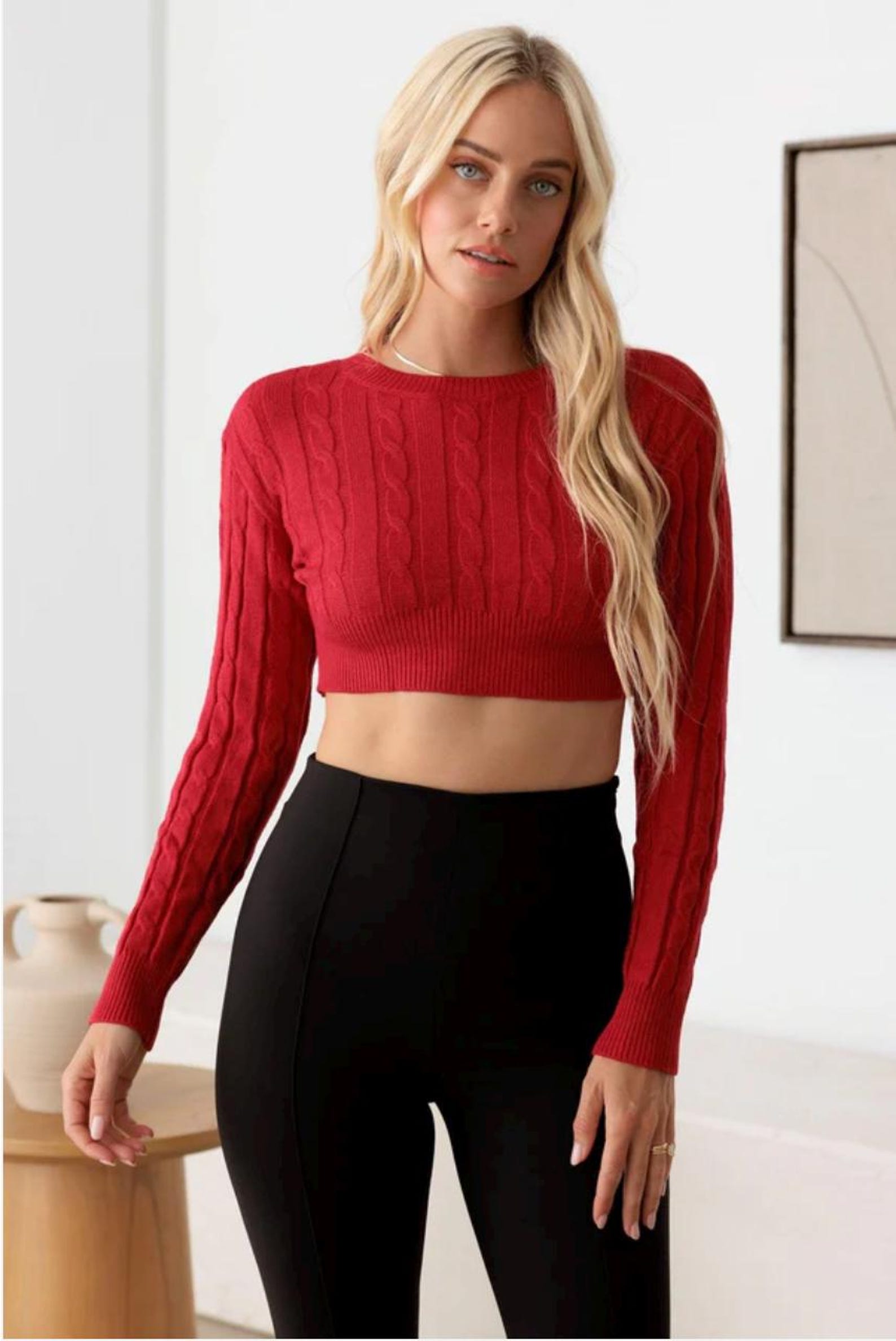 Warm and Cozy Cable Knit Crop Sweater Top - Long Sleeve, Stylish and ...