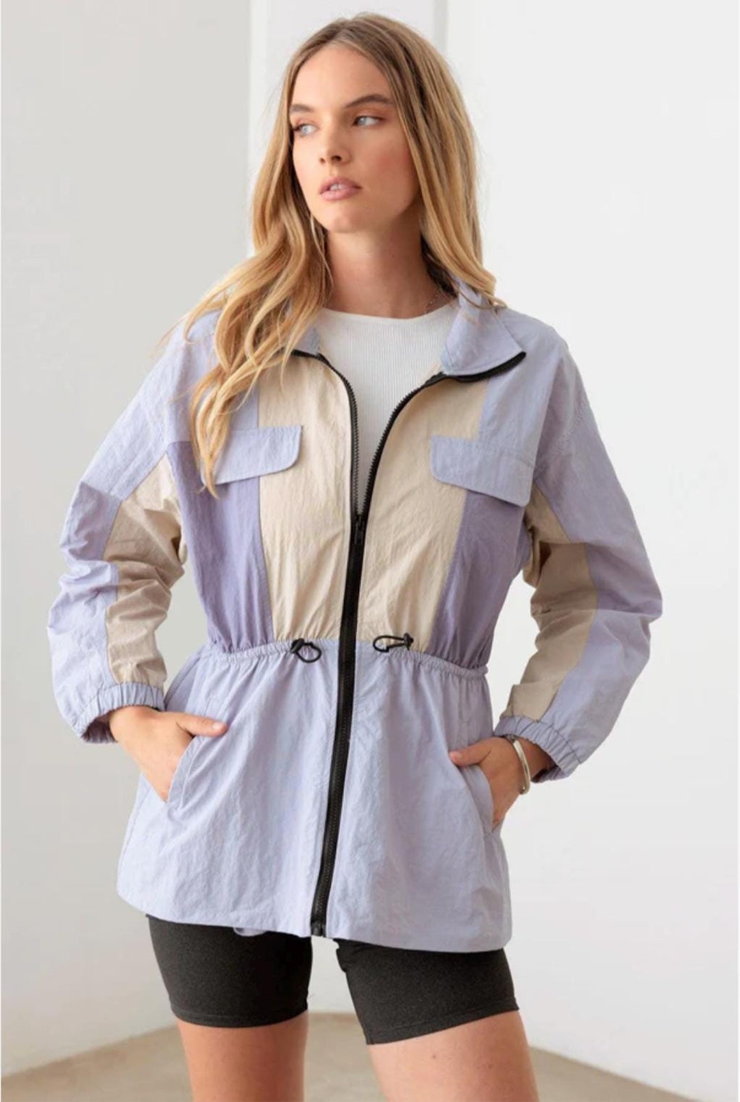 Vintage-inspired Lavender Color Block Rain Jacket With Collar ...