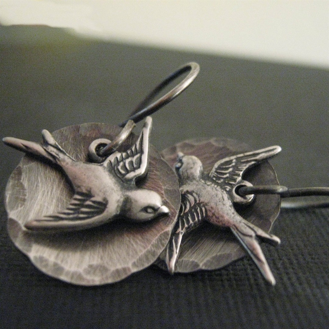 Silver Bird Earrings Silver Disc Earrings Bird Jewelry - Etsy