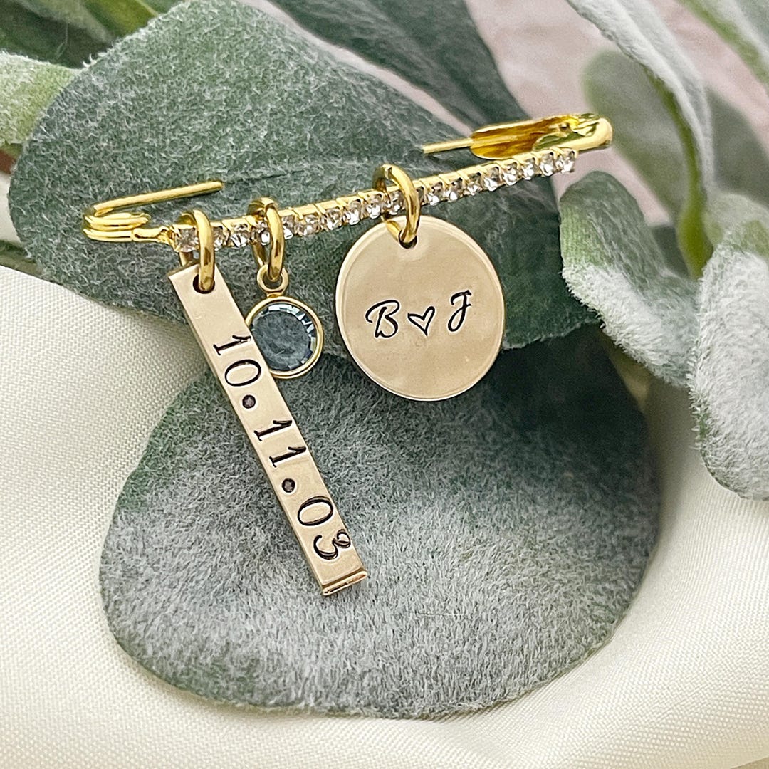 Something Blue Bridal Pin With Personalized Charms, Custom Gold Bouquet ...