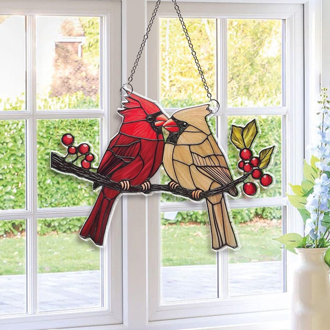 Couple Red Cardinals Acrylic Suncatcher, Pair Cardinals Acrylic Window ...