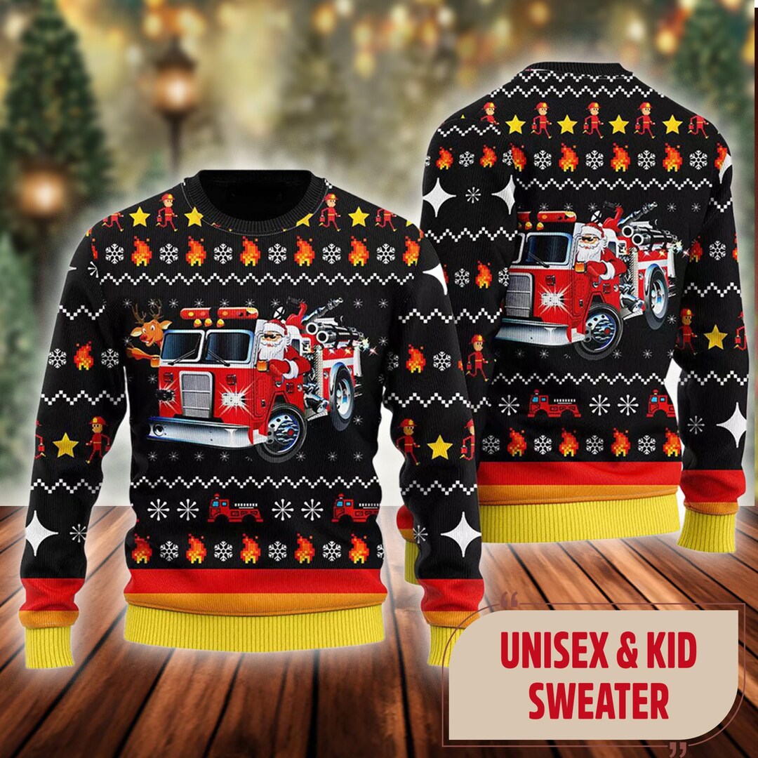 Fireman Firefighter Firemas Ugly Christmas Sweater, Fire Truck Xmas ...