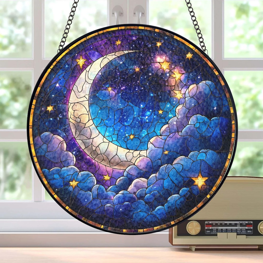 Moon and Star Stained Glass Suncatcher, Celestial Night Sky Window ...