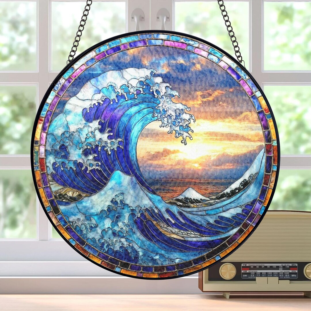Sunrise on the Beach Stained Glass Suncatcher, Ocean Waves at Sunrise ...