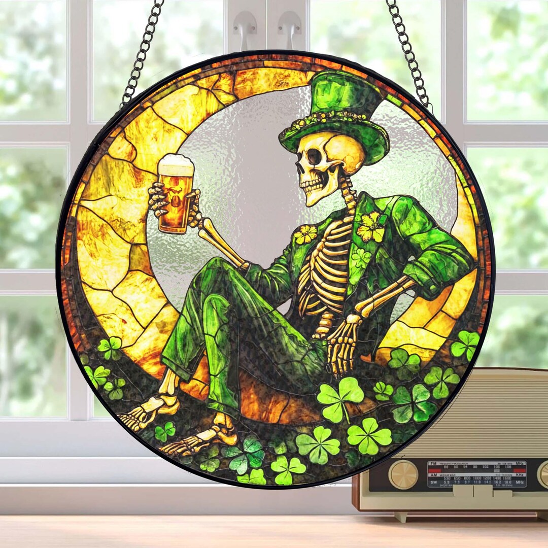 Shamrock Skeleton Stained Glass Suncatcher, Shamrock Suncatcher ...
