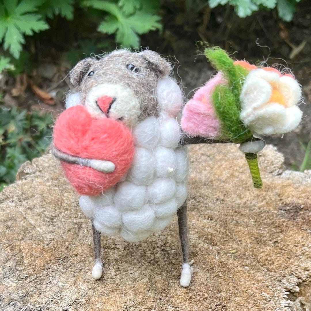 Hand Crafted Needle Felt Sheep Holding Flowers and Heart, Wedding Gift ...