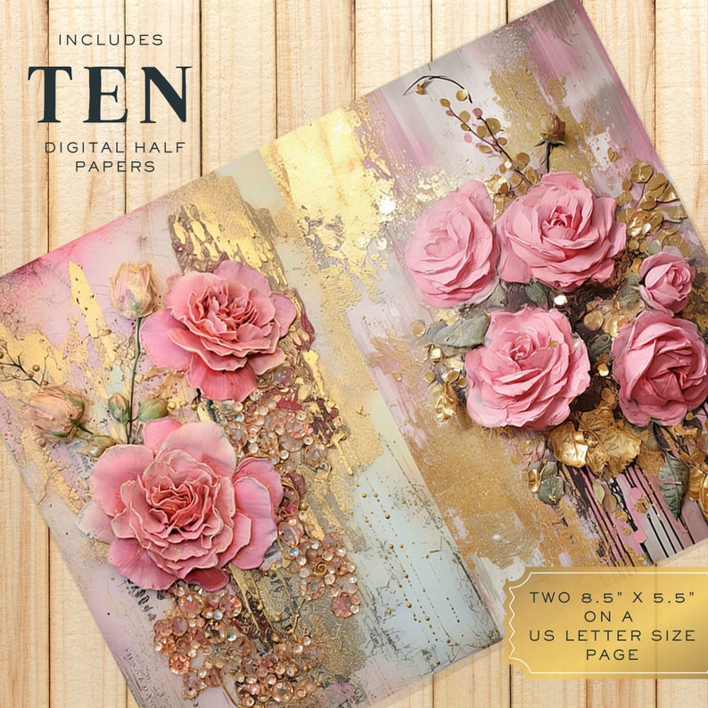 Wildflower Junk Journal Kit Pages Pink Roses, Colorful Whimsy Digital Art, Commercial Use ...