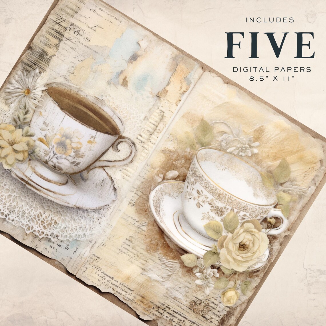 Tea Cups Junk Journal Papers Kit, Printable Digital English Tea Party ...