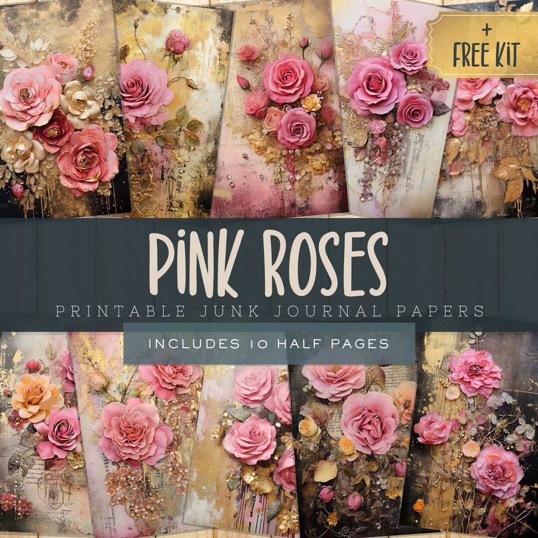 Wildflower Junk Journal Kit Pages Pink Roses, Colorful Whimsy Digital ...