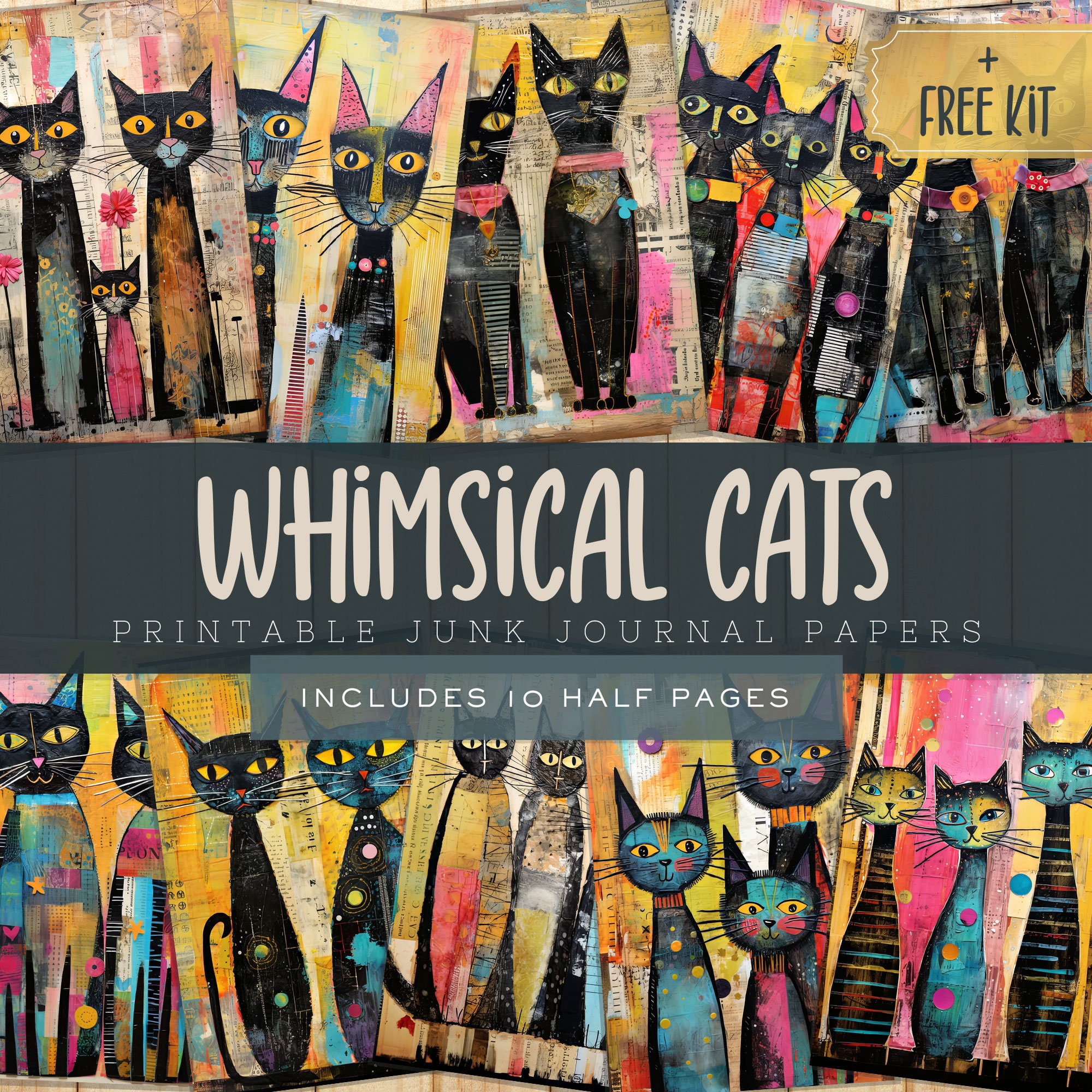 Whimsical Cats Junk Journal Kit Papers, Cat Pages, Printable Instant ...