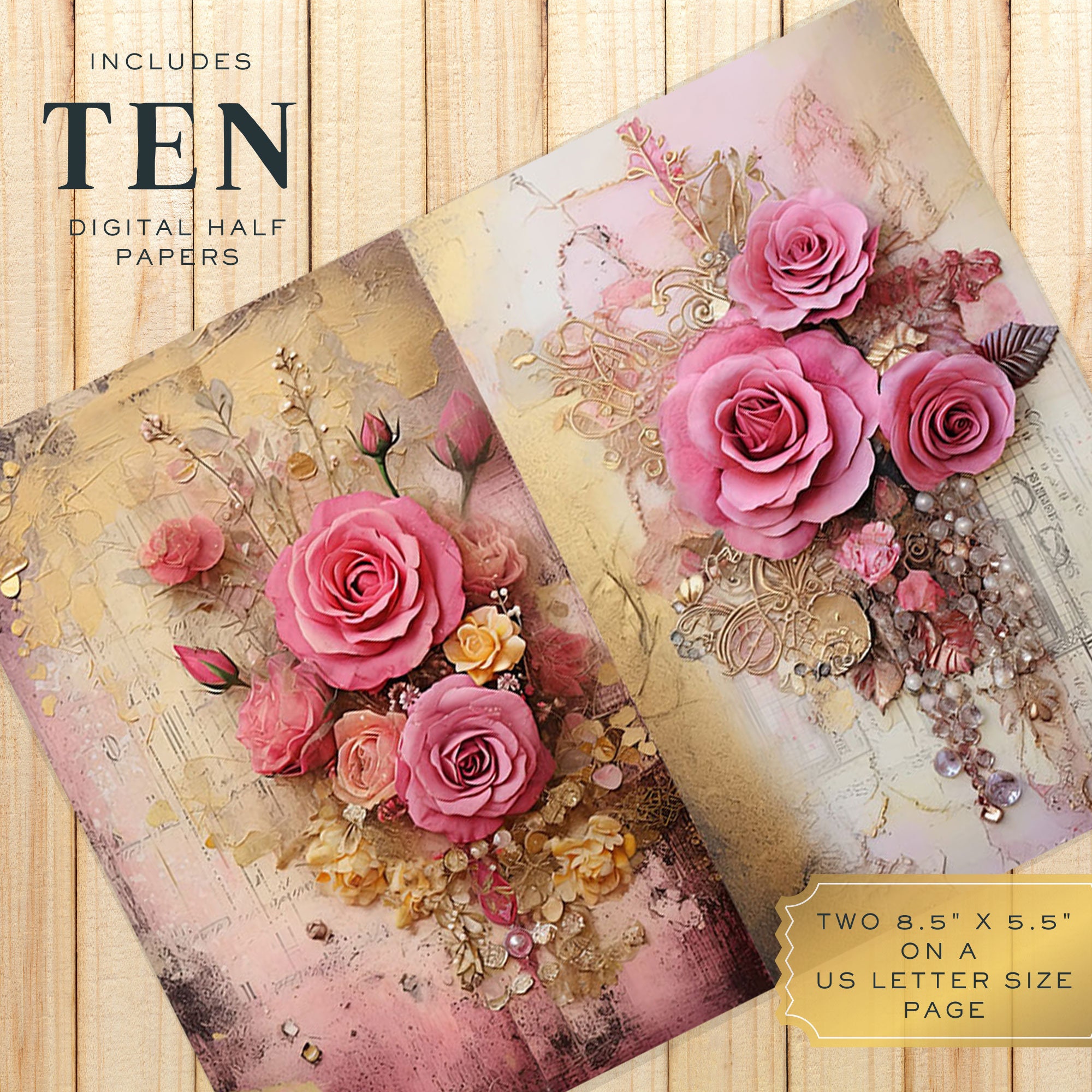 Wildflower Junk Journal Kit Pages Pink Roses, Colorful Whimsy Digital ...