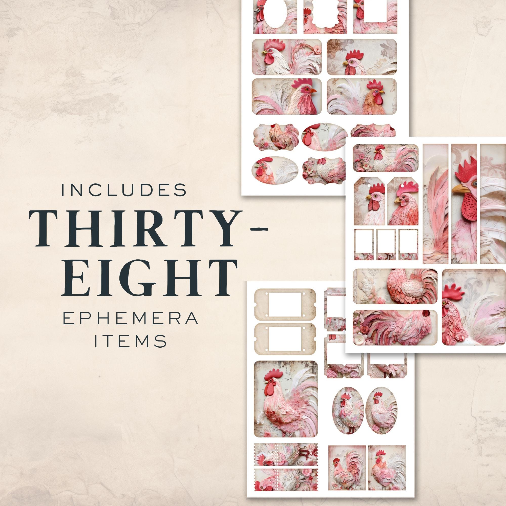 Pink Chicken Junk Journal Kit, Printable Digital Farm Animal Ephemera ...