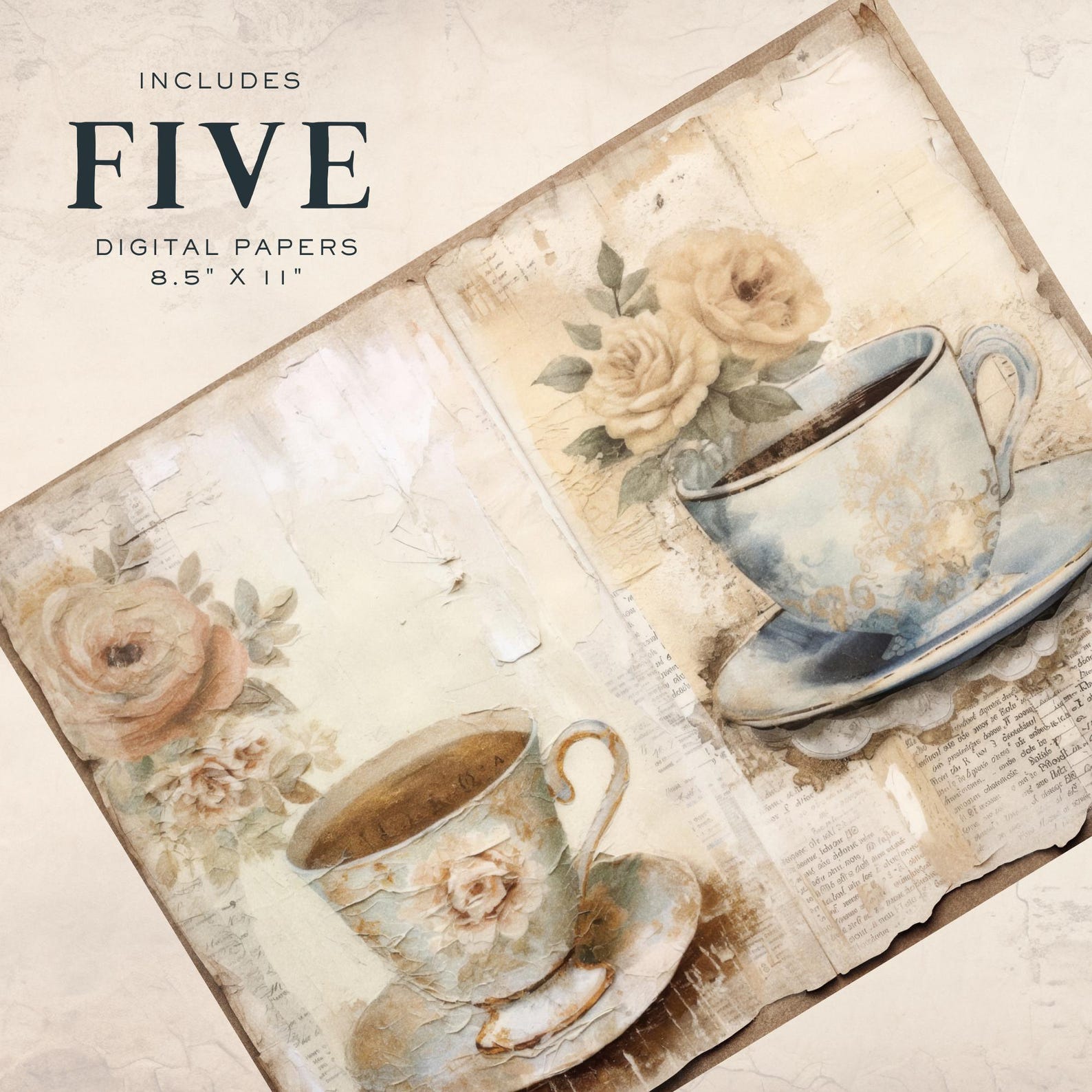 Tea Cups Junk Journal Papers Kit, Printable Digital English Tea Party ...