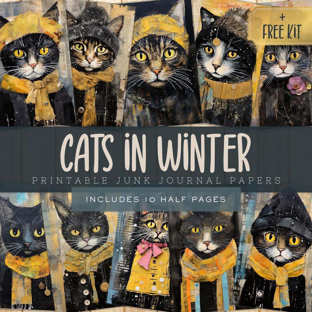 Cats in Clothes Junk Journal Kit Papers, Whimsical Printable Winter Cat ...