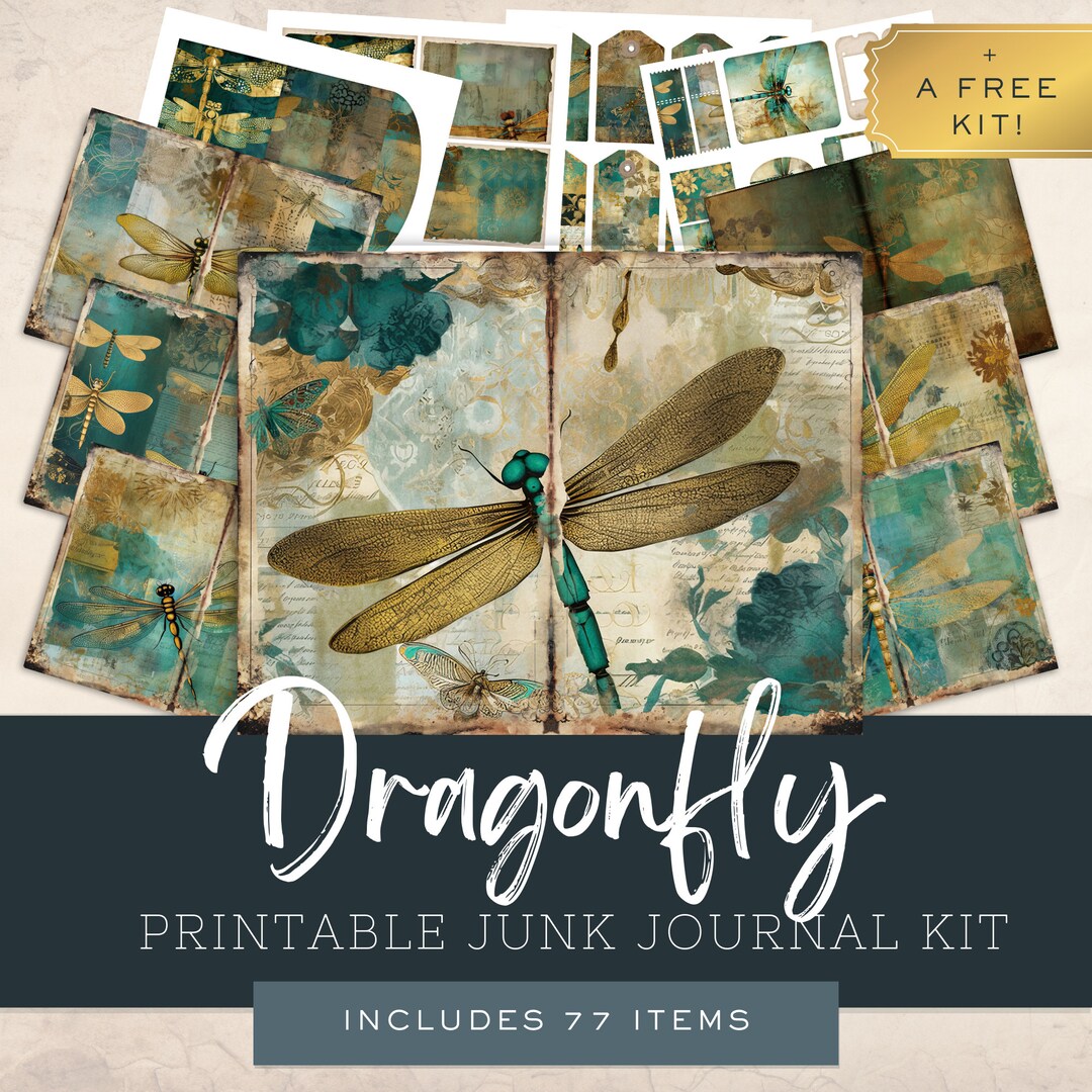 Dragonfly Junk Journal Kit, Teal and Gold, Ephemera Folio Template ...