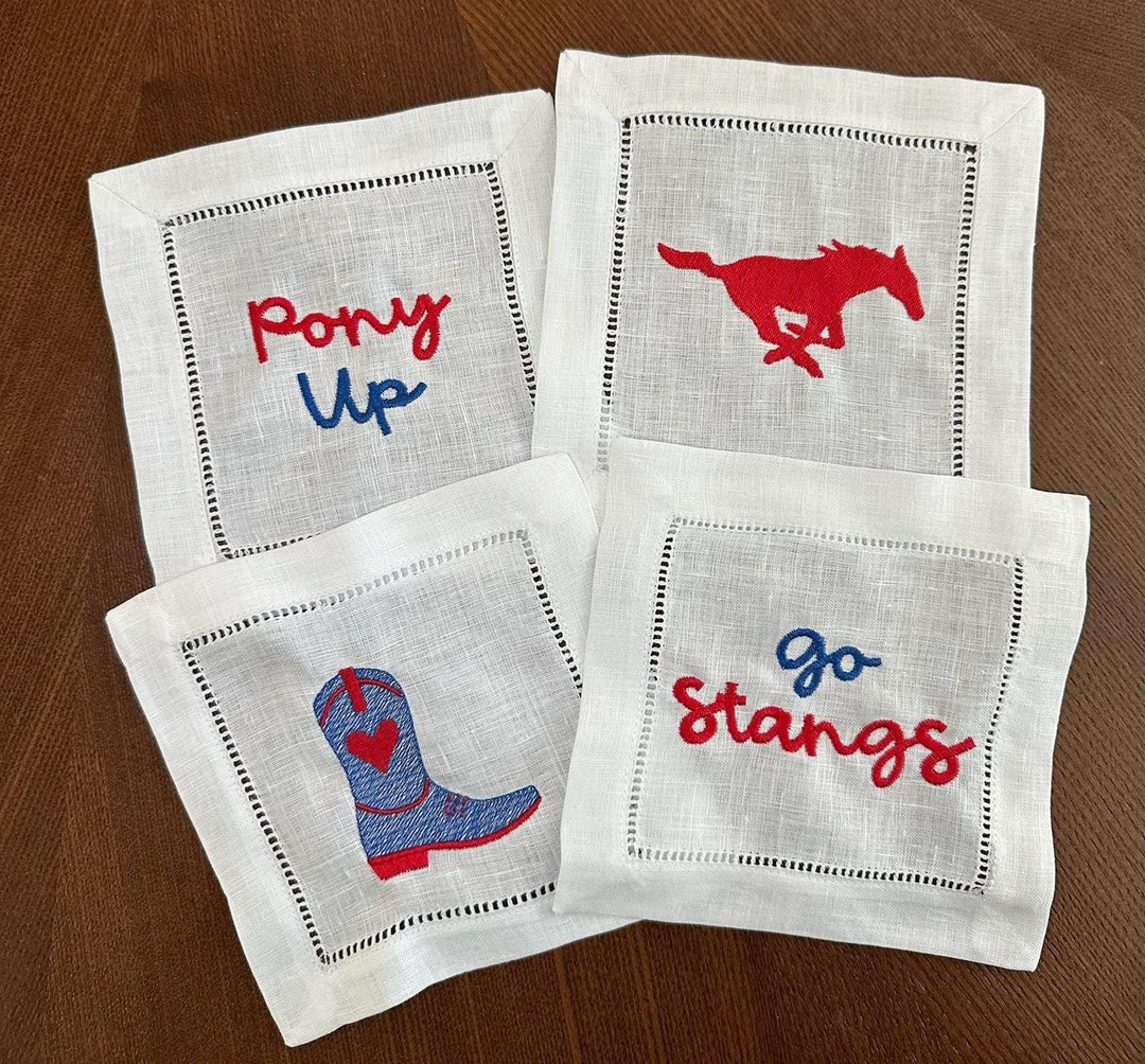 SMU Pony up Mustang Embroidered Linen Cocktail Napkins Dallas - Etsy