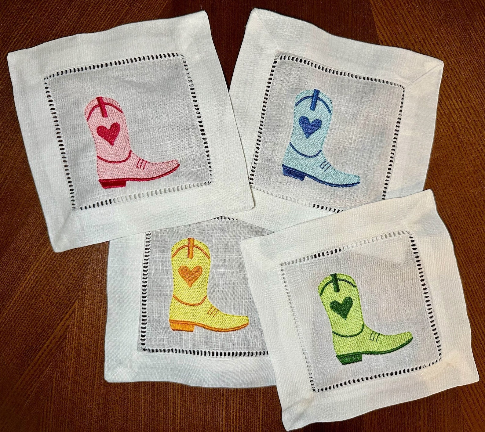 Cowboy Boot Cocktail Napkin Set Embroidered Linen Hostess Gift Coasters ...