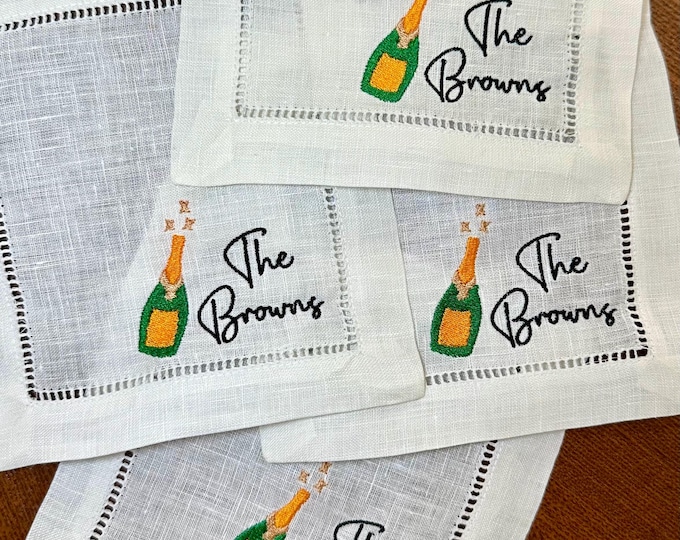 Personalized Embroidered Cocktail Napkin Set With Champagne Bottle ...
