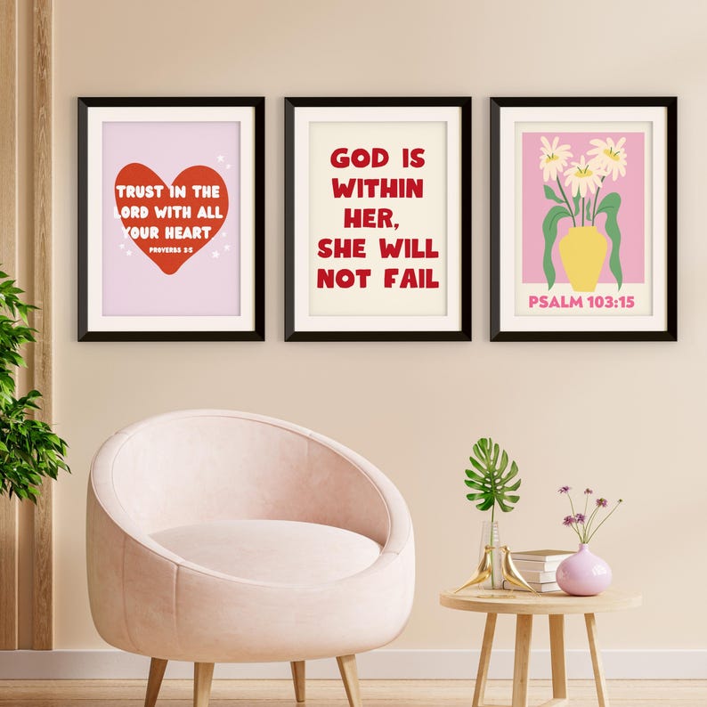 Pink Christian Wall Art, Set of 3 Wall Art, Wall Art Bundle, Bible ...