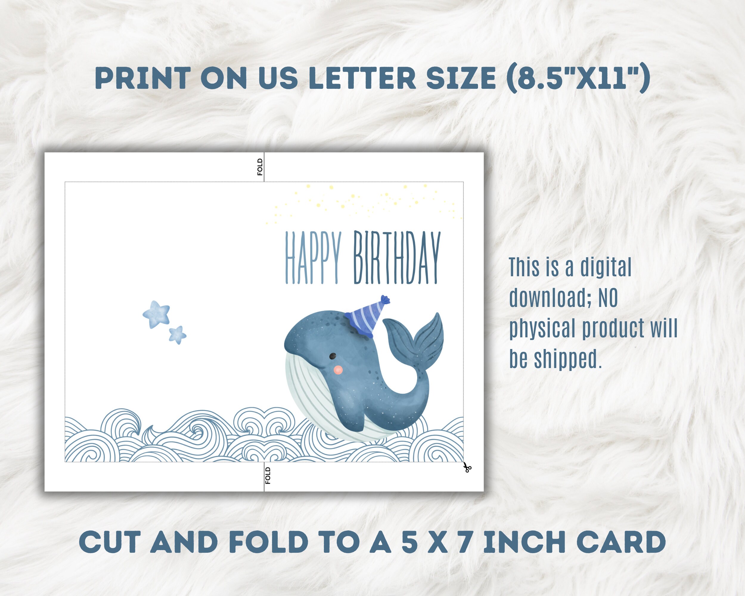 Printable Birthday Card for Kids, Digital Download, Whale Birthday Card ...