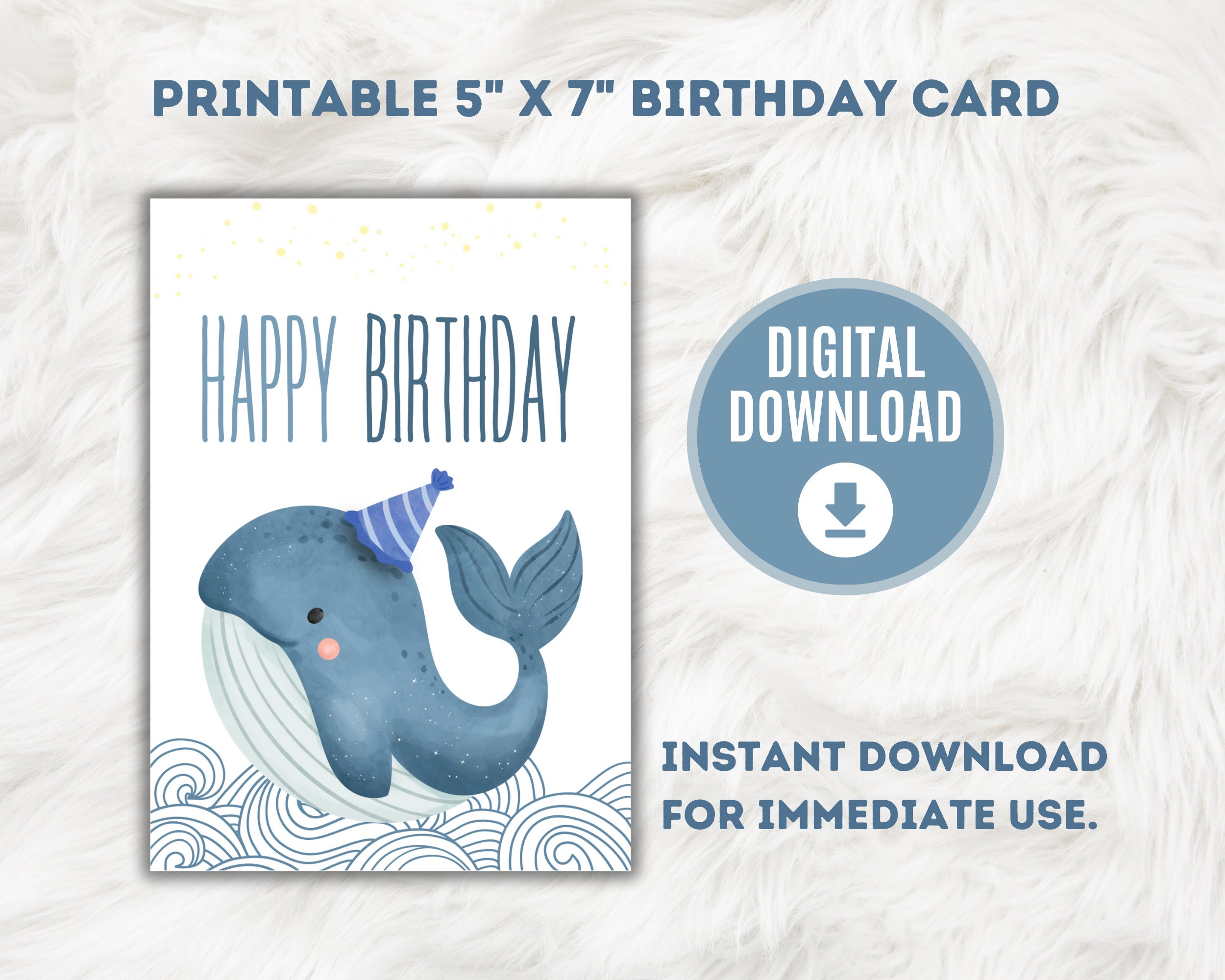 Printable Birthday Card for Kids, Digital Download, Whale Birthday Card ...