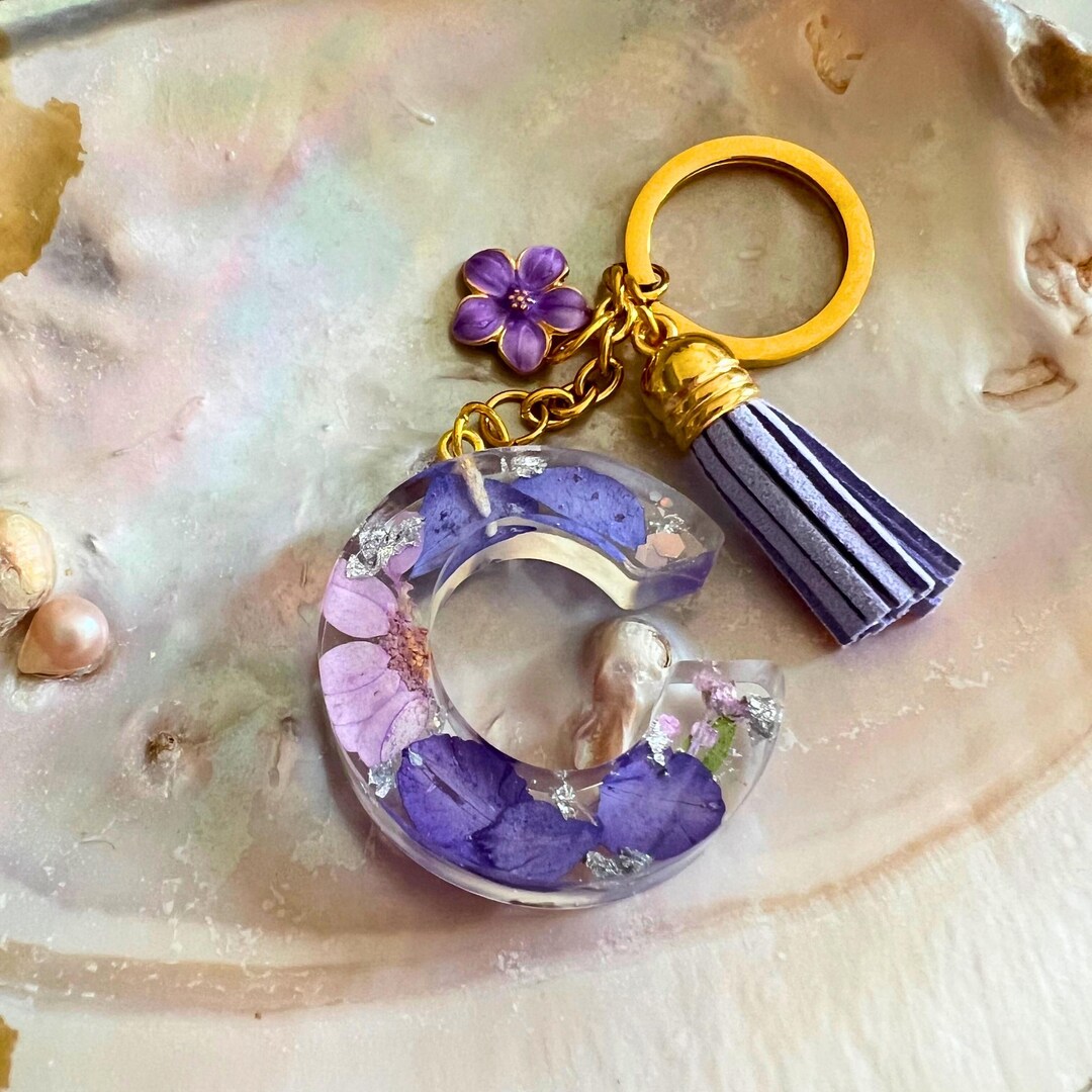 Real Pressed Flowers Initial Keychain, Personalized Keychain, Custom ...