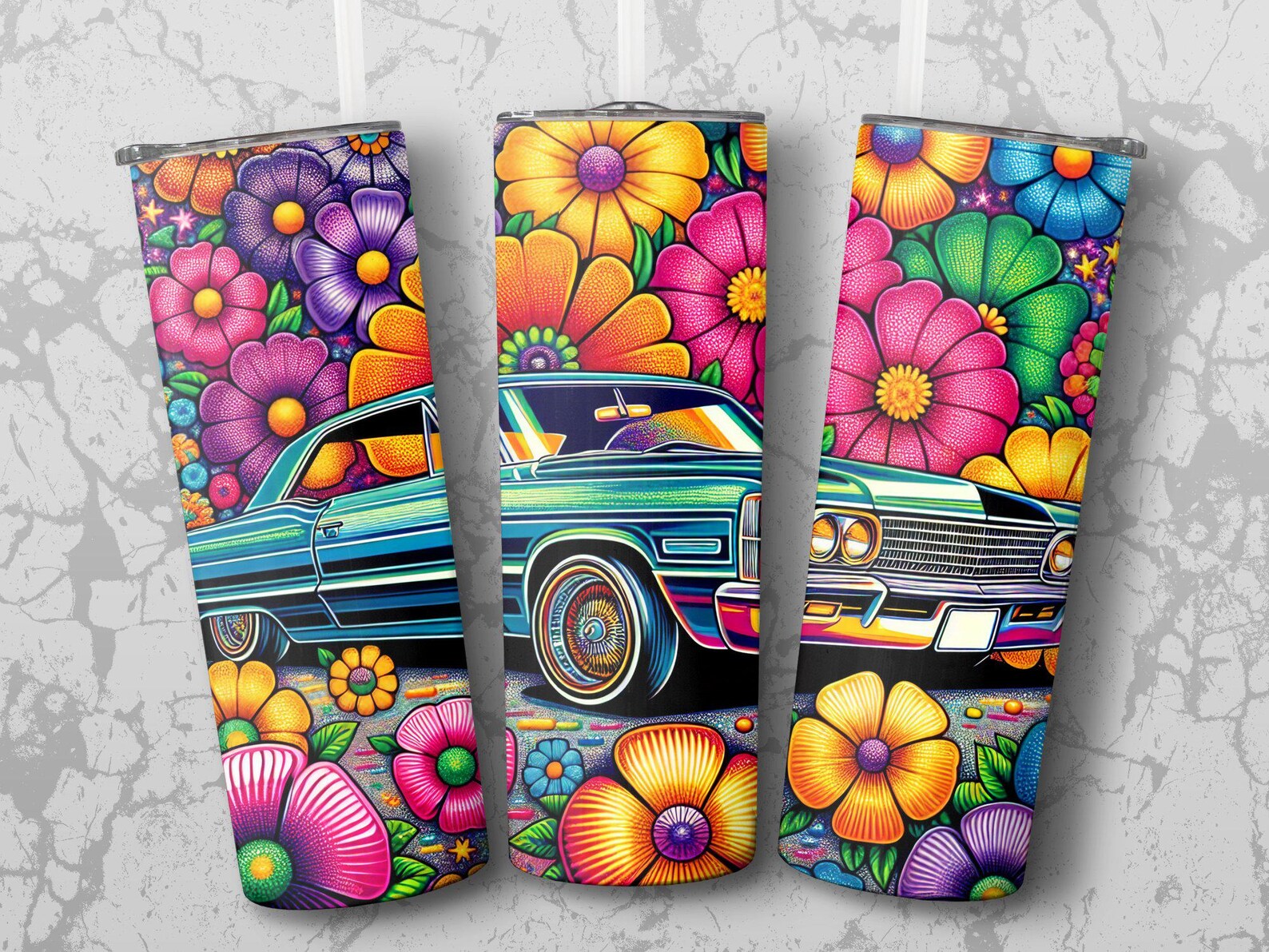 Lowrider Retro Car Floral Bright Colors Tumbler Wraps, Vibrant PNG ...