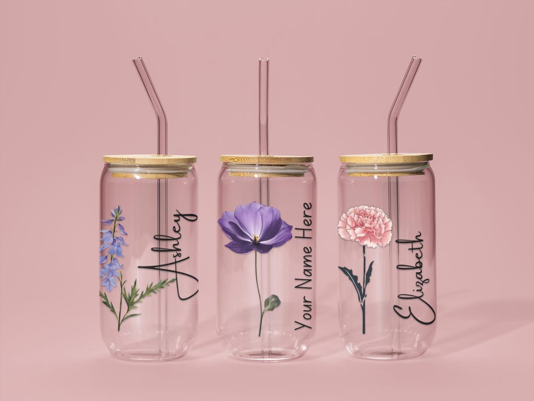 Personalized Birth Month Flower Sipper Glass, Custom Name, Birthday ...