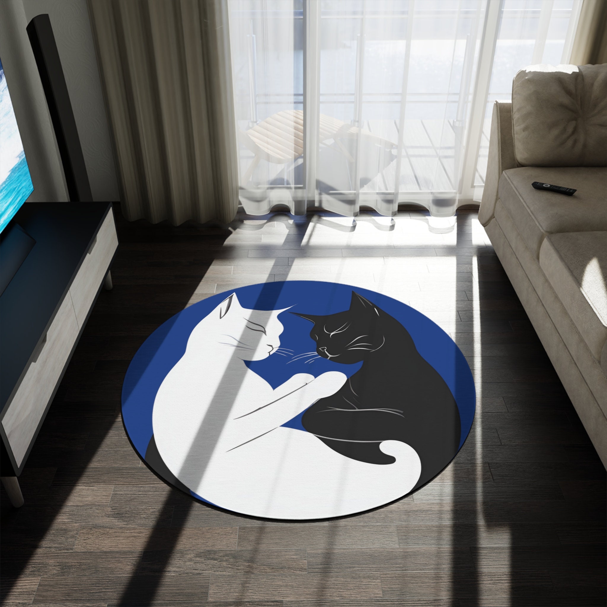 Cat Yin and Yang Living Room Round Rug 60"x60" Kitten Black and White ...