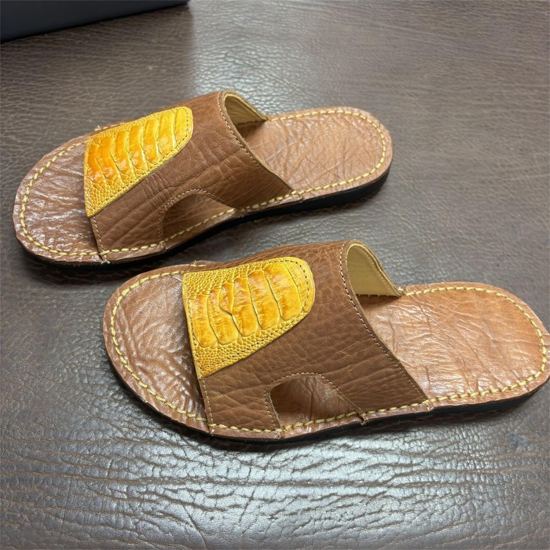 Bison Leather Hand-made Mechanical Slippers Ostrich Palm Print - Etsy