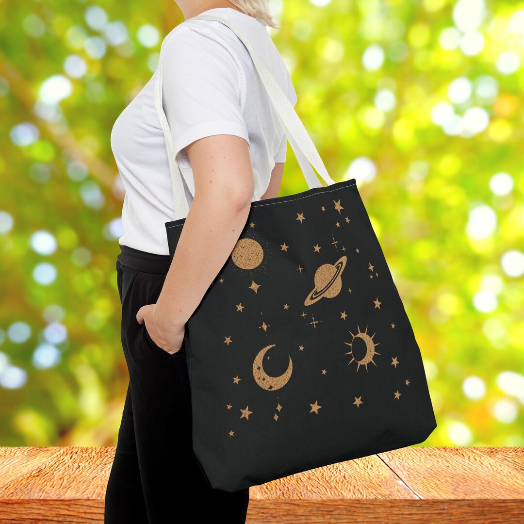 Celestial Night Sky Tote Bag - Black and Gold Stars Planets, Space ...