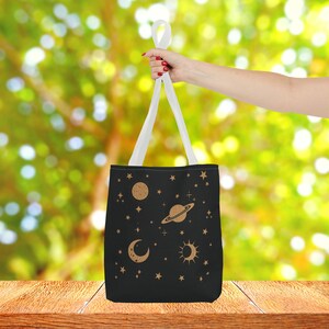 Celestial Night Sky Tote Bag Black and Gold Stars Planets, Space Lover ...