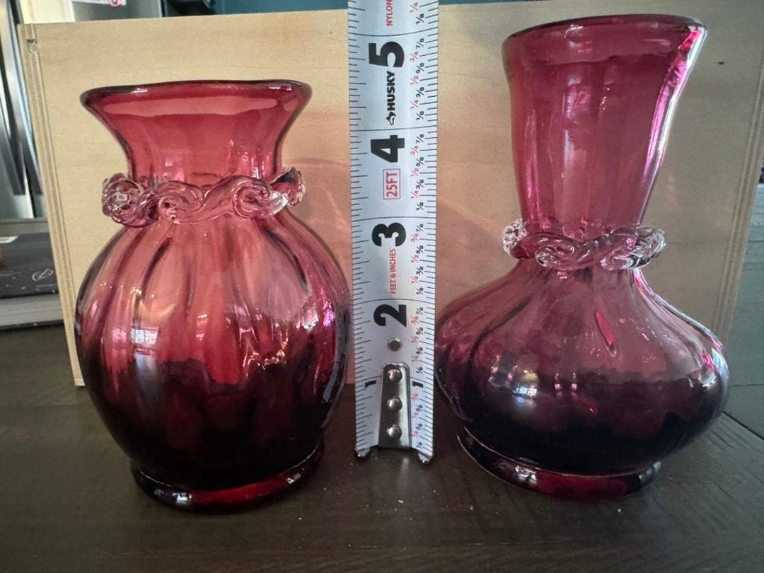 Set of 2 Pilgrim Cranberry Glass Vase With Applied Clear Ruffle Label ...