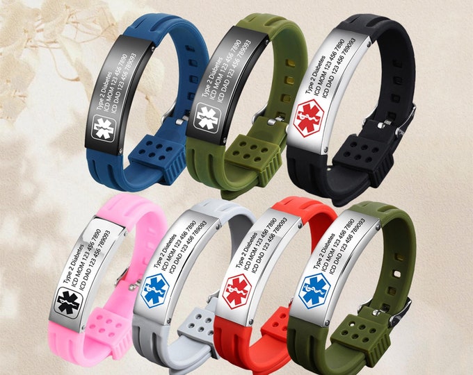 Medical Alert Bracelet Personalized Silicone Wristbands Matte Finished ...