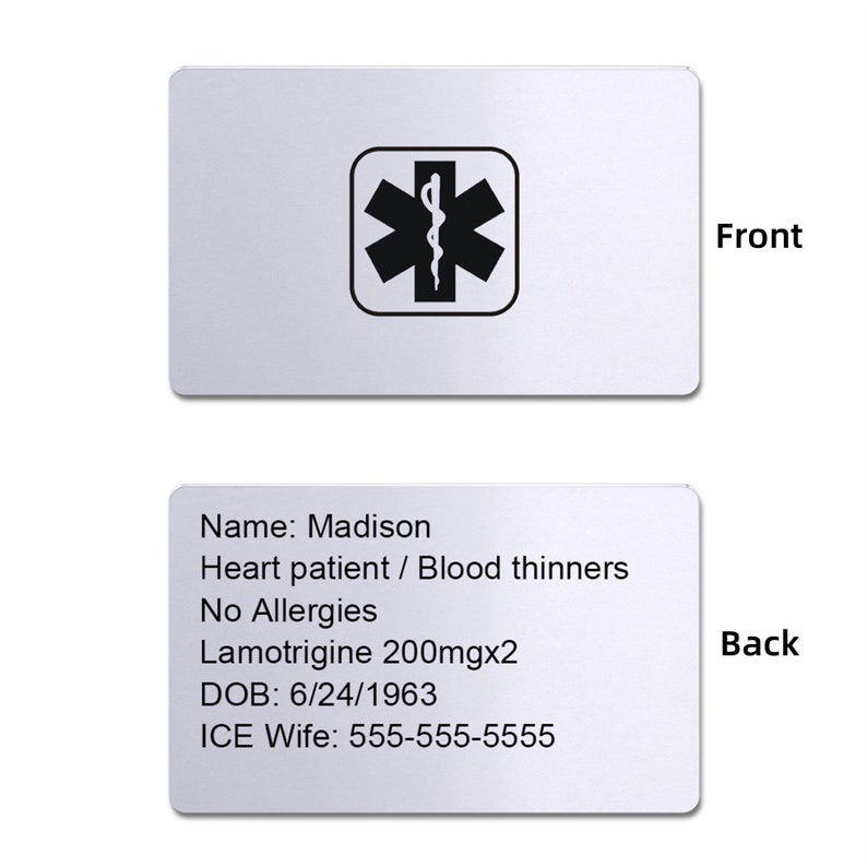 Personalized Medical ID Card for Wallet,engraved Emergency Contact Card ...