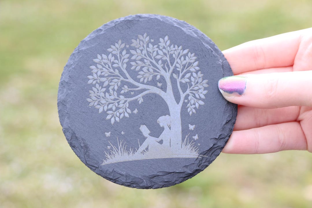 Girl Reading Under Tree Slate Coaster, Cute Desk Bookish Decor, Natural ...