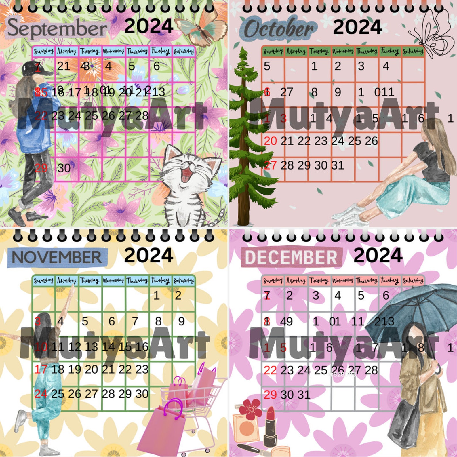 Digital Calendar 2024 Flower Calendar Girls Calendar Coquette Calendar ...