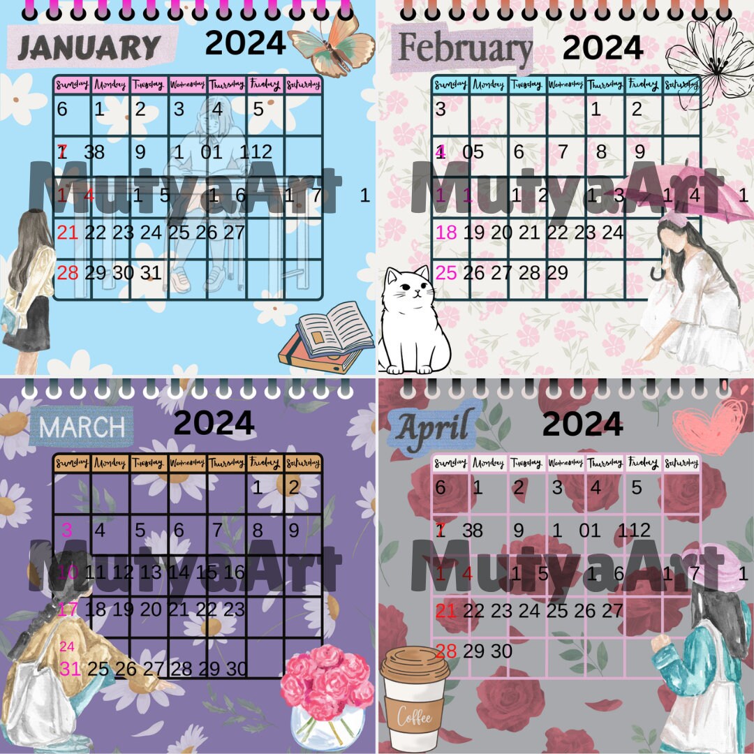 Digital Calendar 2024 Flower Calendar Girls Calendar Coquette Calendar ...