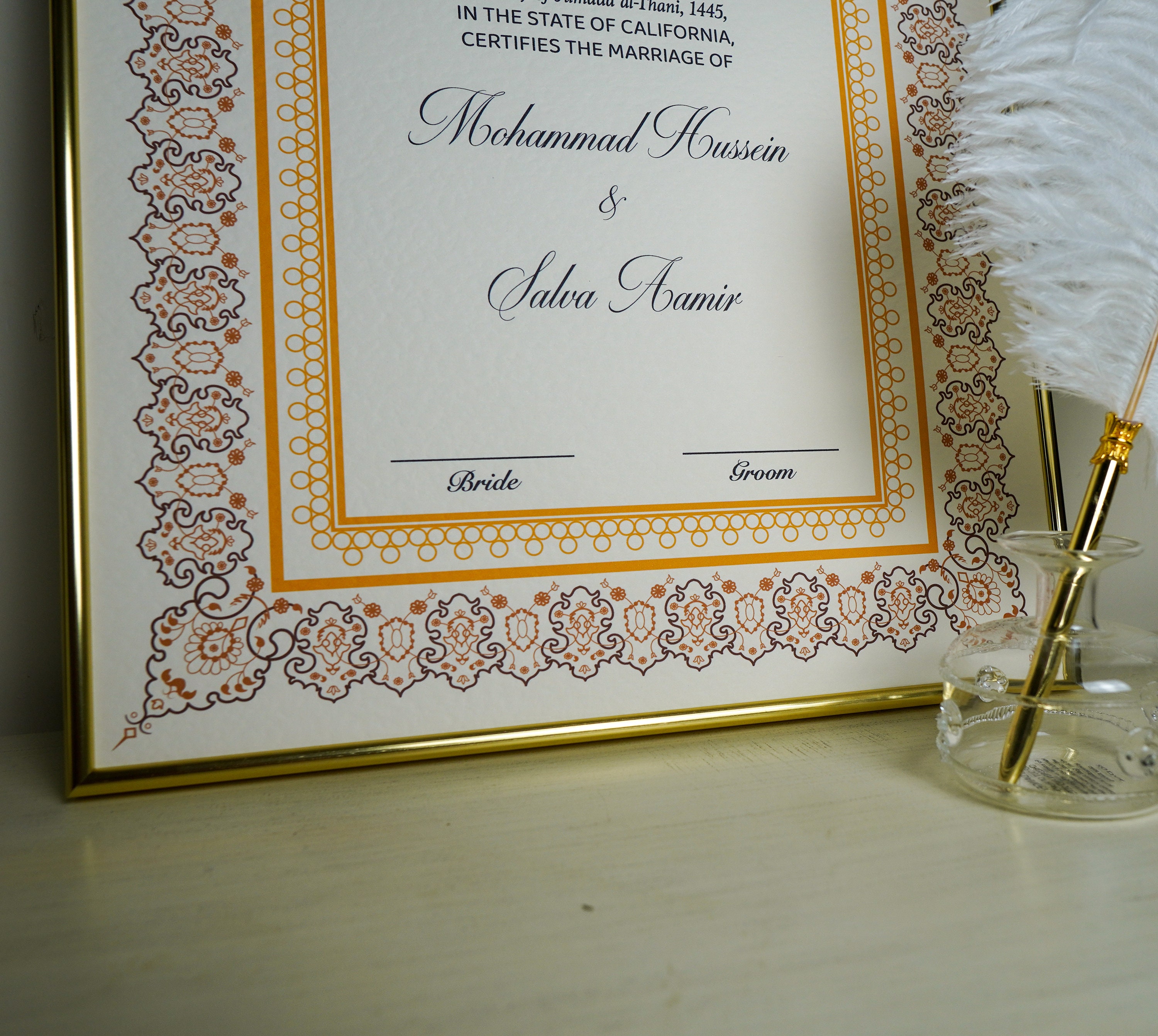 A3 Luxury Nikkah Certificate With Feather Pen & Frame Nikkah Nama ...
