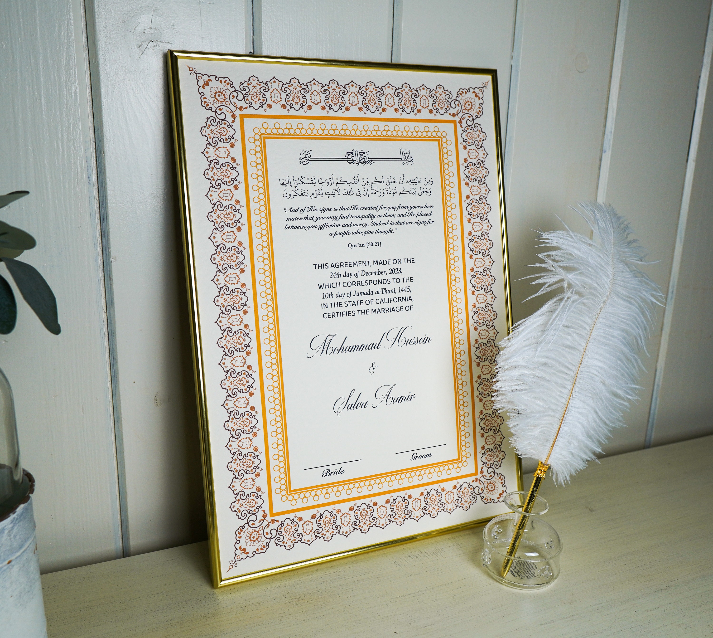 A3 Luxury Nikkah Certificate With Feather Pen & Frame Nikkah Nama ...