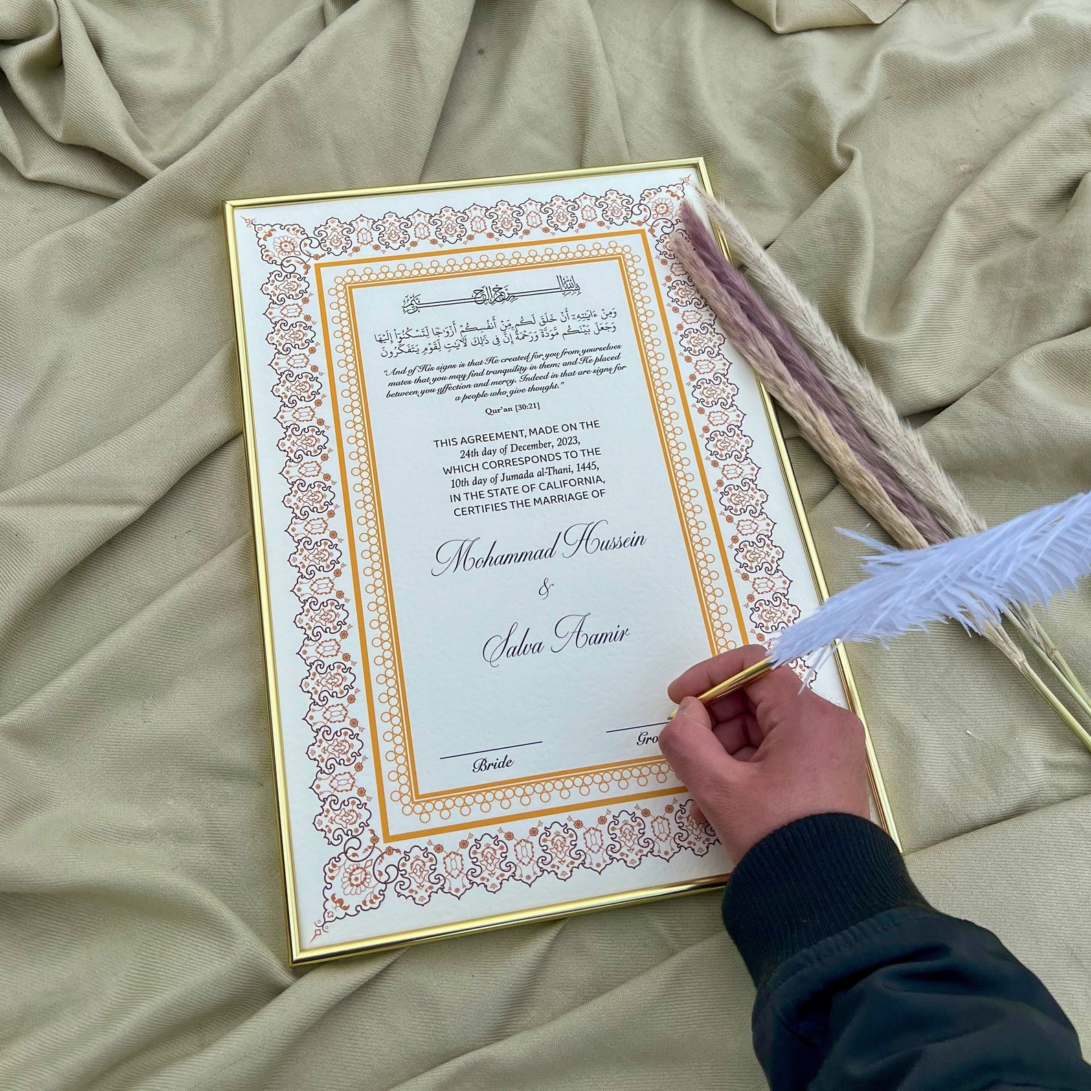 A3 Luxury Nikkah Certificate With Feather Pen & Frame Nikkah Nama ...