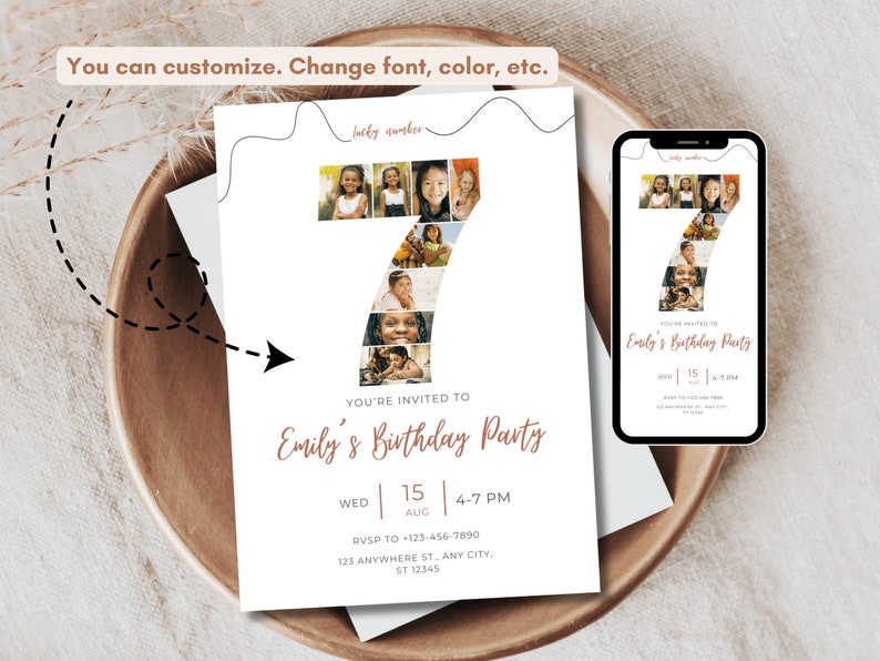 Minimalist 7th Birthday Invitation Photo Collage - Editable and ...