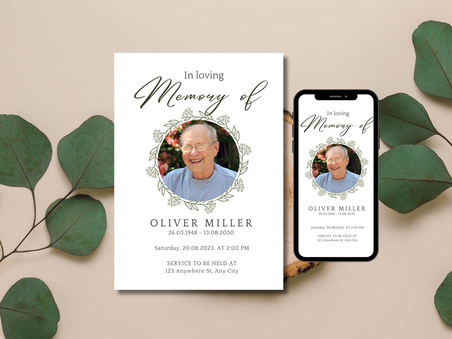 Editable Green Floral Simple Funeral Invitation Canva Template, Funeral ...