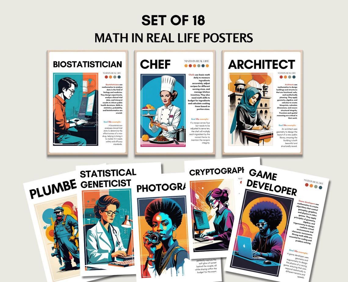 Set of 18 Printable Careers in Math and Math in Real Life Posters for ...